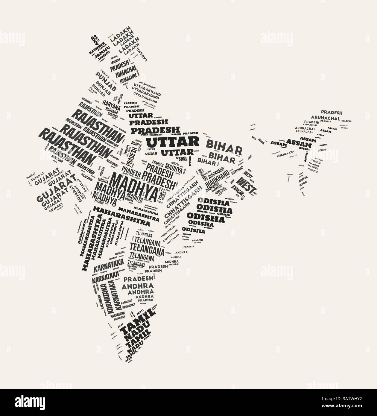 India Word Cloud. Country with states division. India typographic text ...