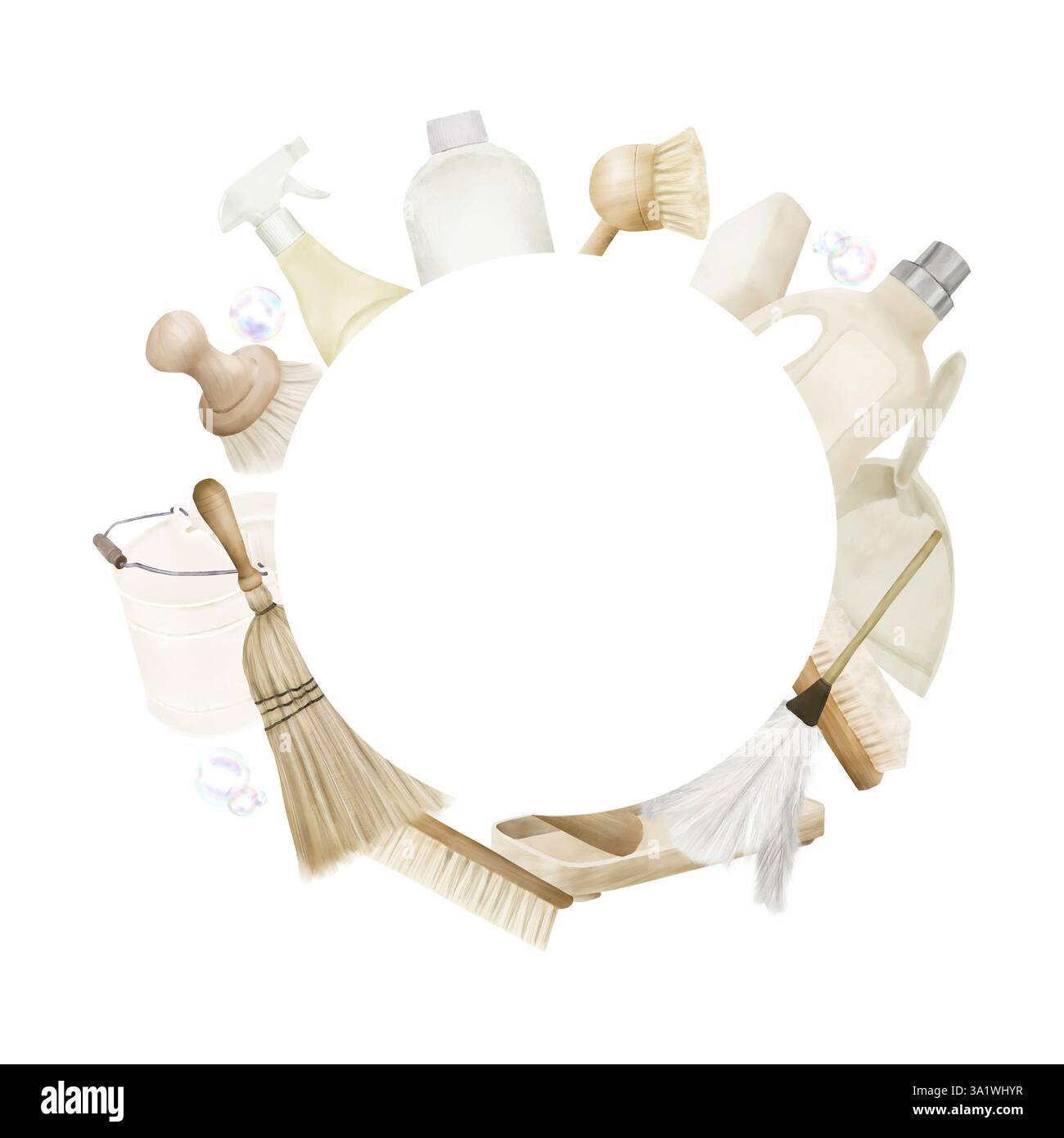 Frame with brush, bottles of detergent, with dustpan and empty bucket ...