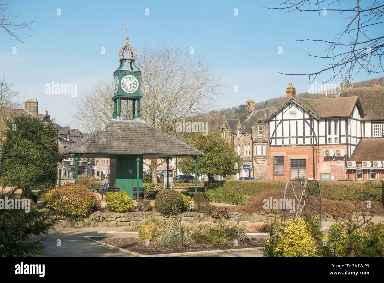 Former tram shelter, now clock tower in Hall Leys Park, Matlock, Derbyshire, England, UK Stock ...