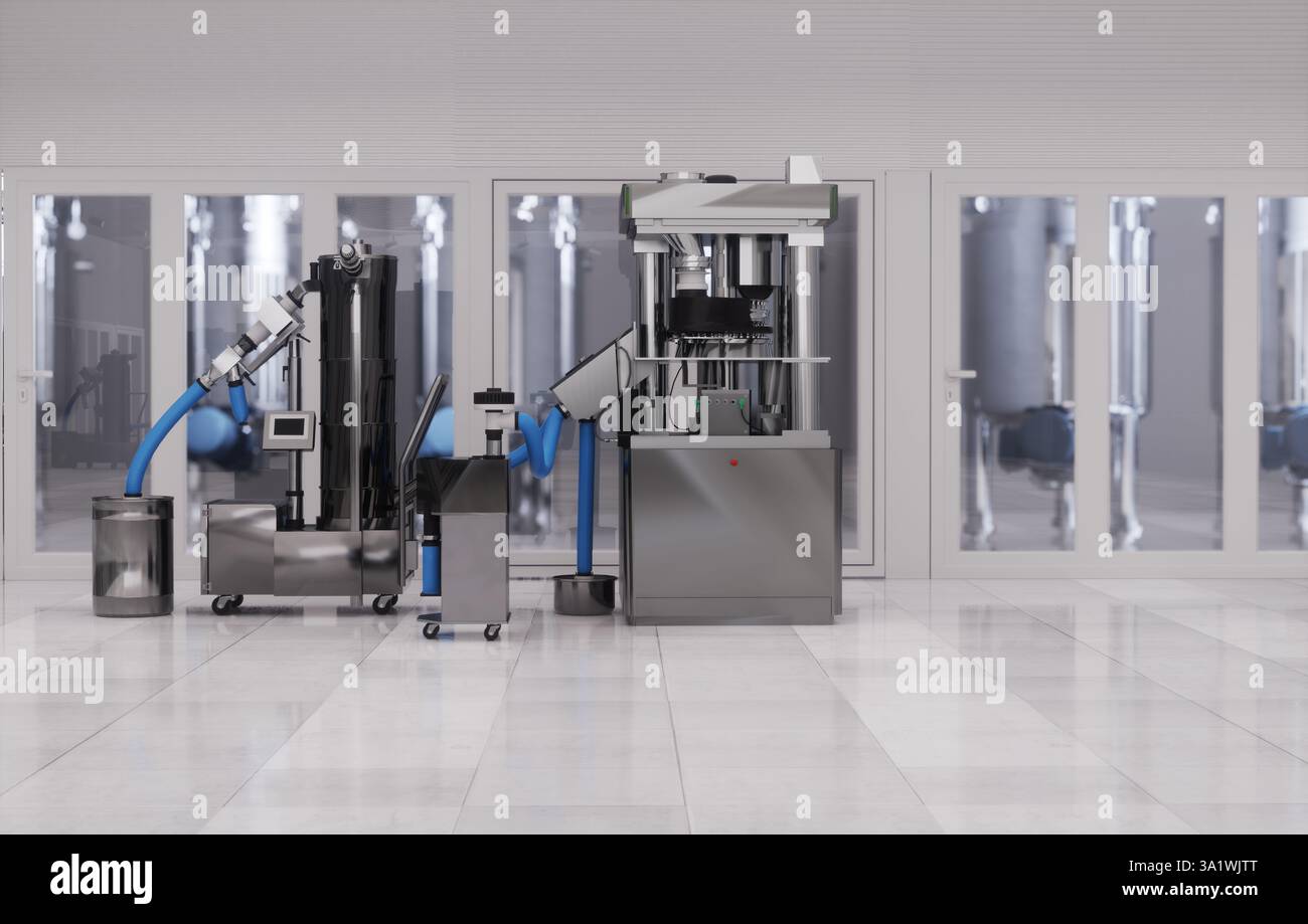 Medication production line in pharmaceutical industry-3d illustration ...