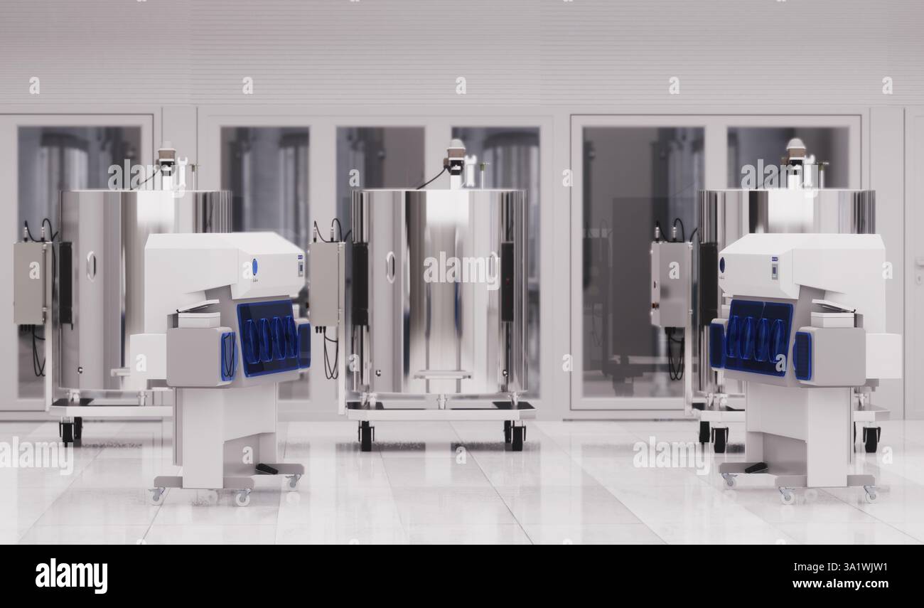 Medication production line in pharmaceutical industry-3d illustration ...