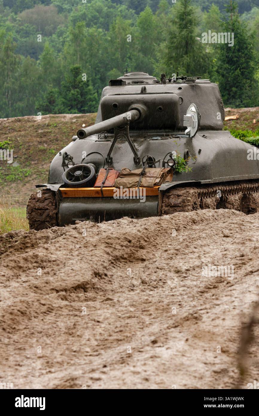 An American M4A1 Sherman tank from World War II stands in a field in ...