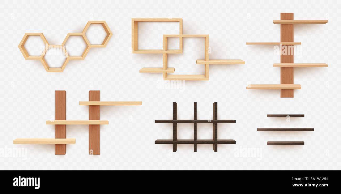 Wood shelf. 3D furniture. Rack different shapes. Shelves hanging on ...