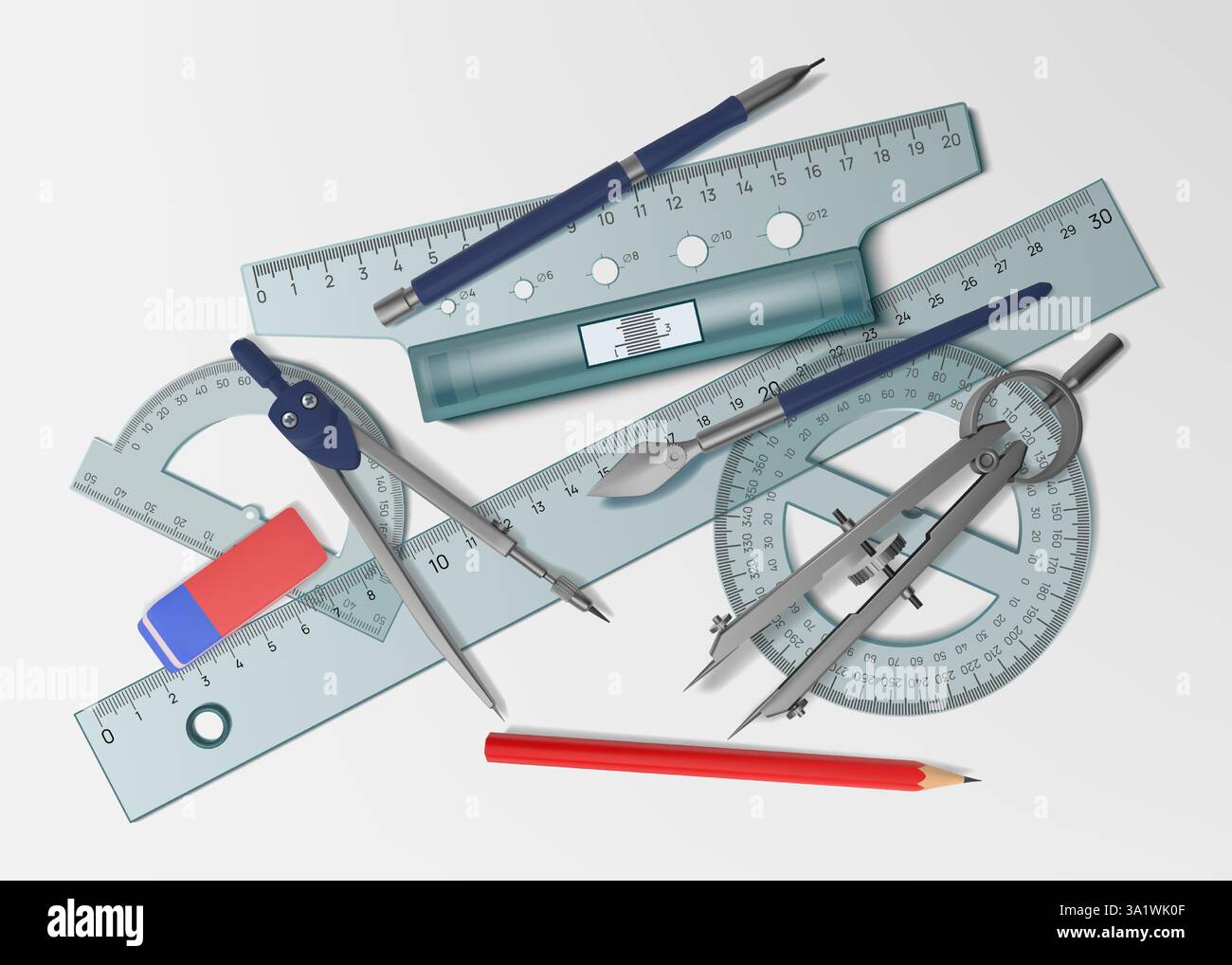 Architecture tools. Architect drafting stationery top view. Realistic ...