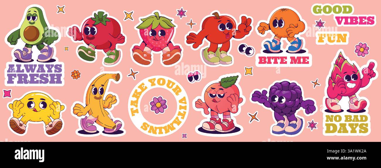 Fruit characters. Cartoon retro vegetable stickers. Funny comic avocado ...