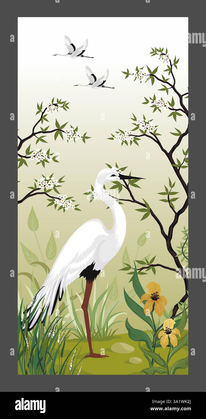Bird poster. Chinese art. Garden foliage. Tree branches with summer ...