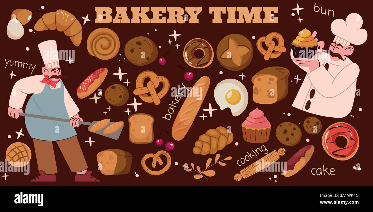 Bakery characters. Bread baker, cook in retro tasty confectionery ...