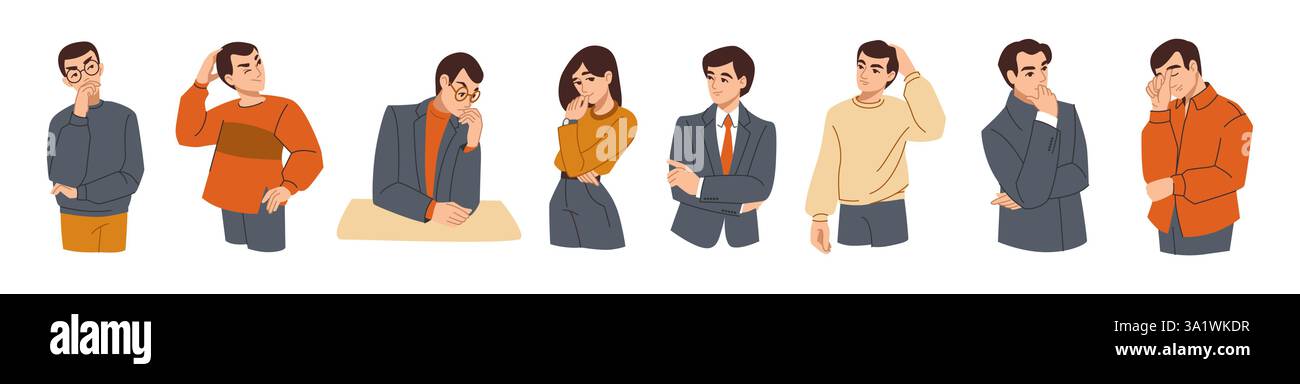 People think. Worry woman, man person with question, doubt or wonder ...