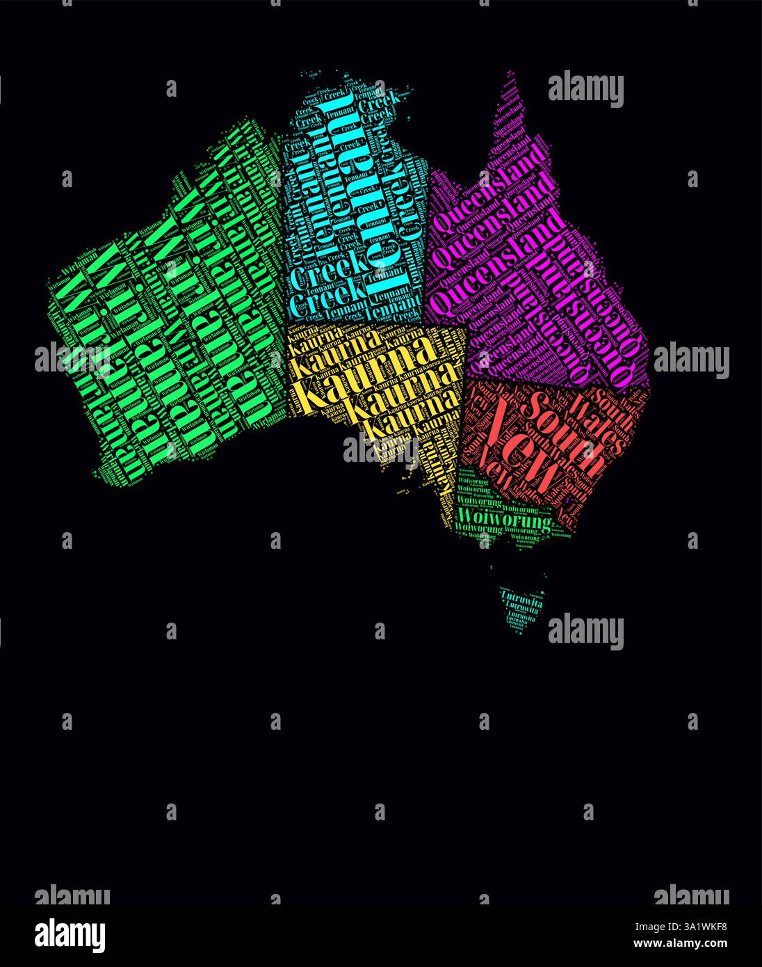 Australia Regions Word Clouds. Bright neon style design on dark ...