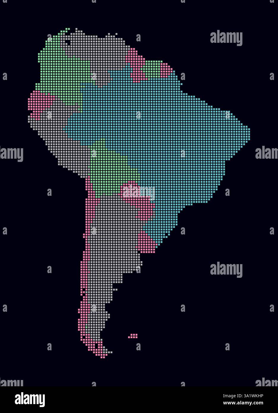 South America dotted map. Digital style map of the continent on dark ...