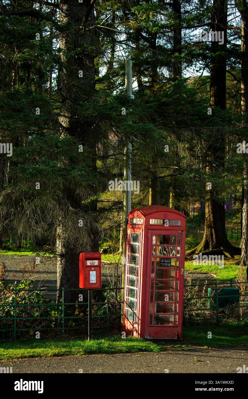 A bright red, British post box on a black pole, by green railings, at ...