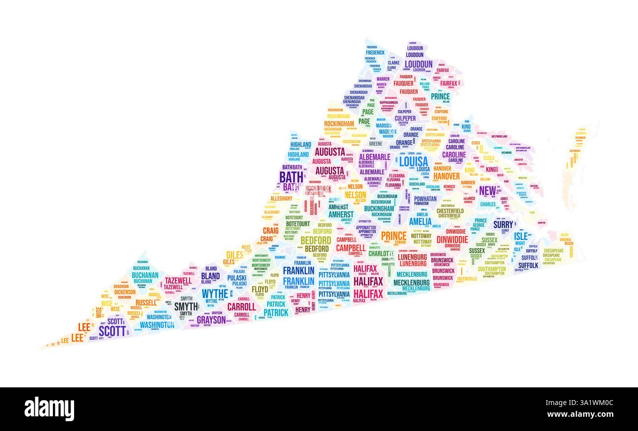Virginia county word cloud. State shape design. Virginia colored illustration. County names ...