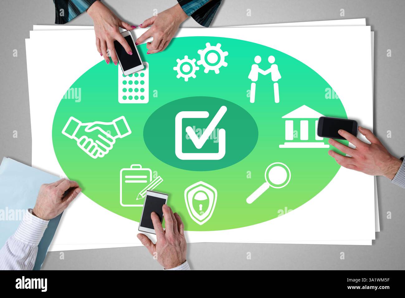 Validation concept placed on a desk with hands using smartphones Stock ...