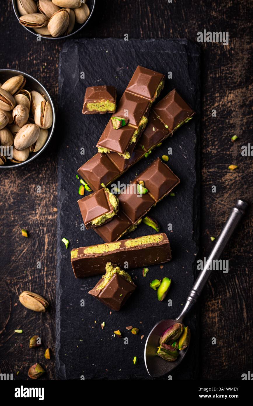 Dubai chocolate with kadayif pistachio filling Stock Photo - Alamy