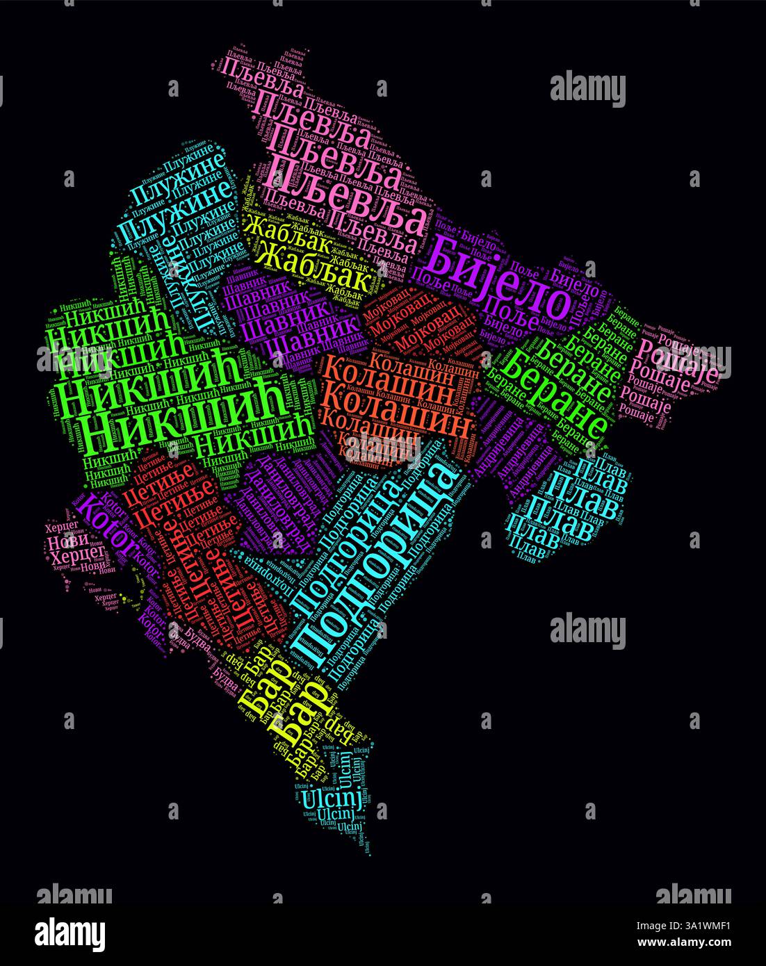 Montenegro Regions Word Clouds. Bright neon style design on dark ...