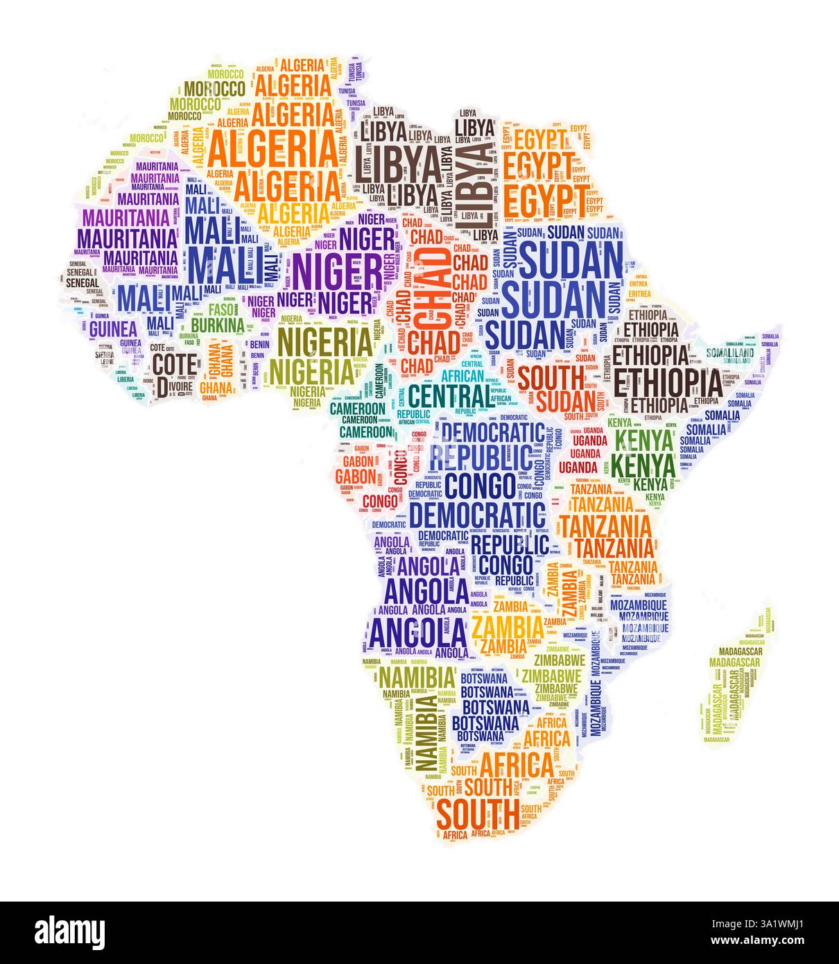 Africa country word cloud. Continent shape design. Africa colored ...