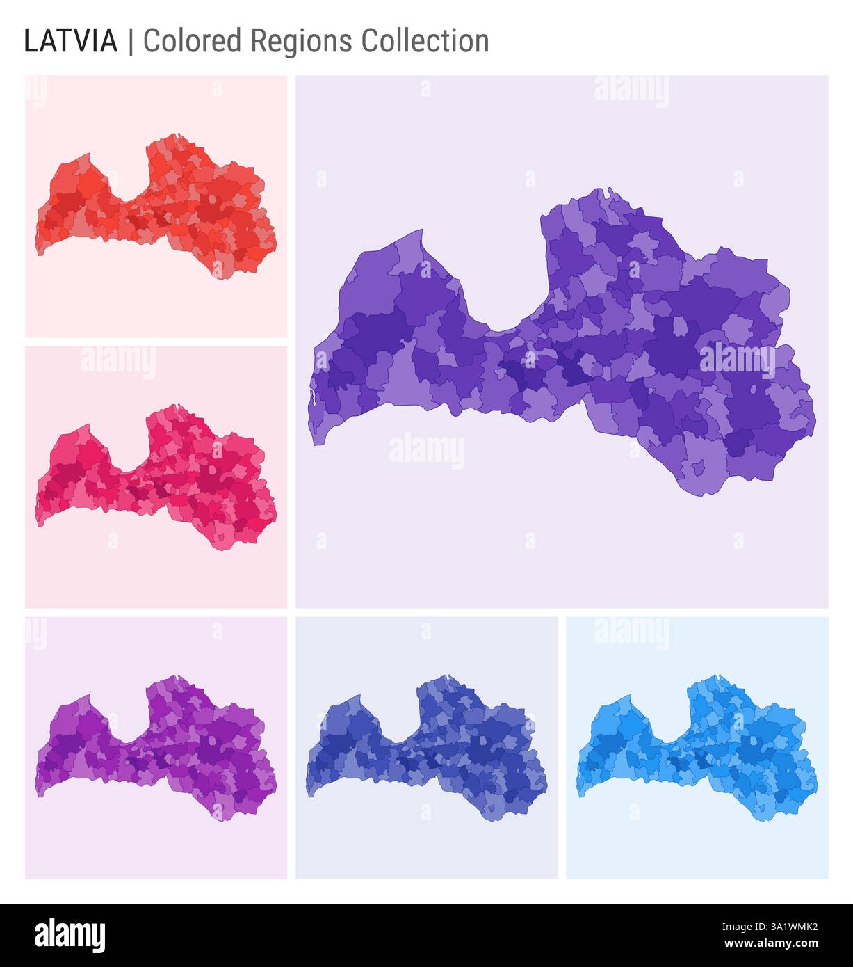Latvia map collection. Country shape with colored regions. Deep Purple ...