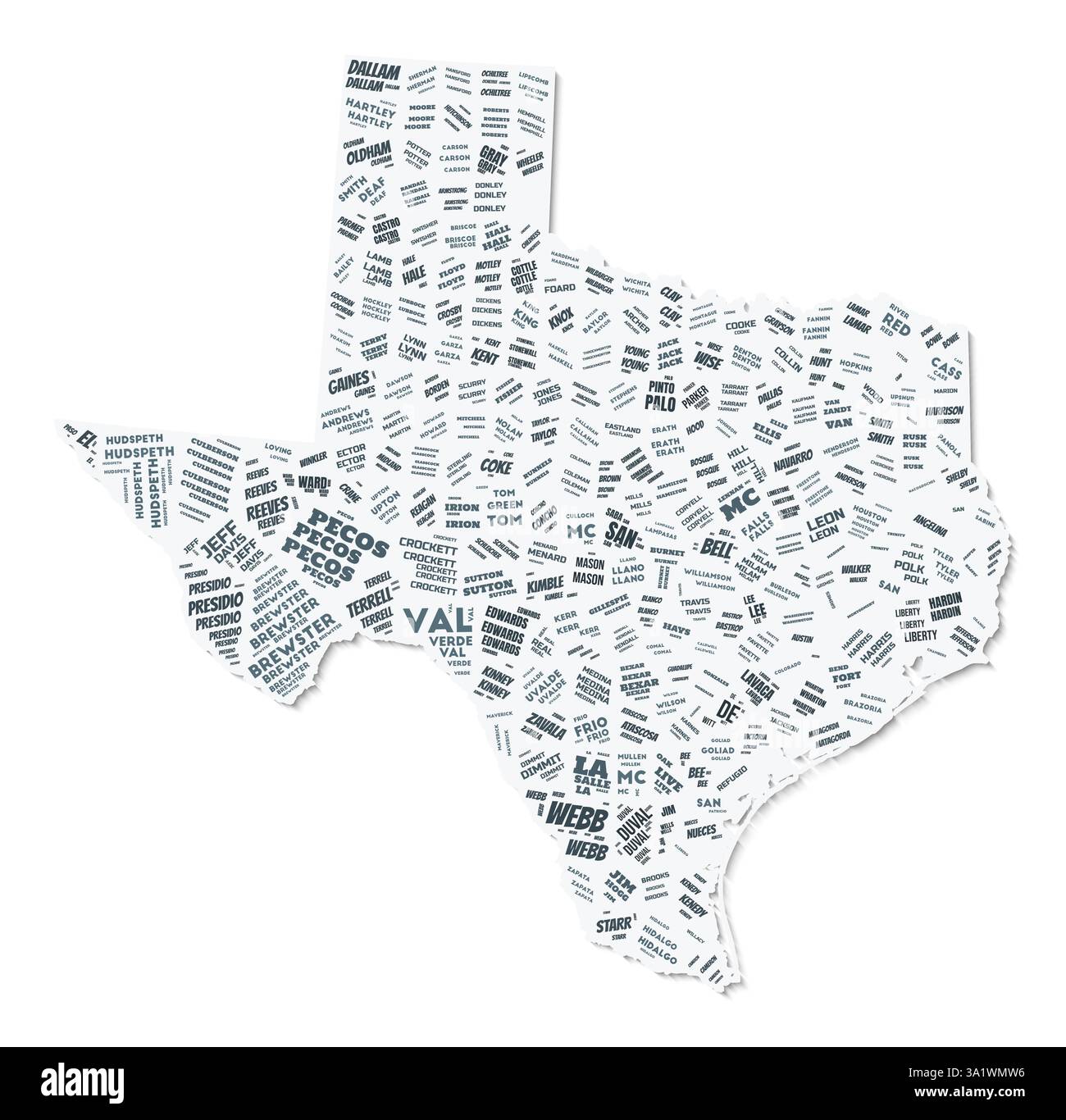 Texas shape text cloud. State border with shadow on white background ...
