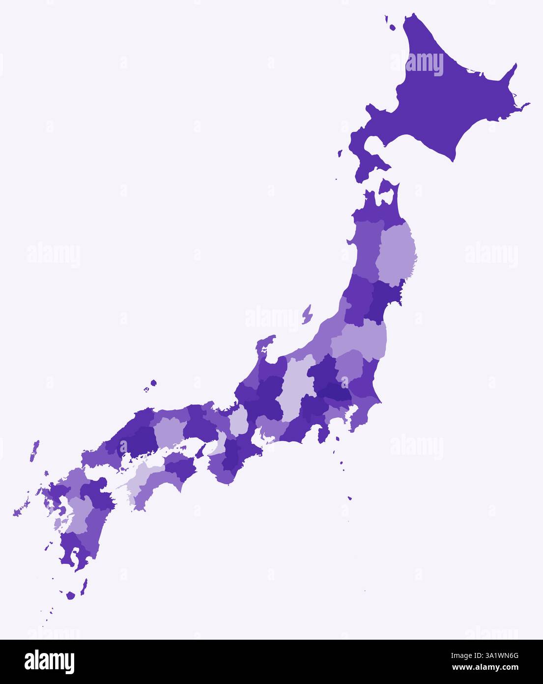 Map of Japan with regions. Just a simple country border map with region division. Deep purple ...