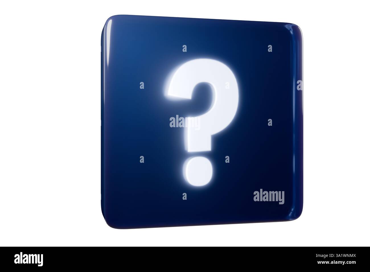 A blue square icon featuring a glowing question mark, symbolizing inquiry or mystery. 3d ...