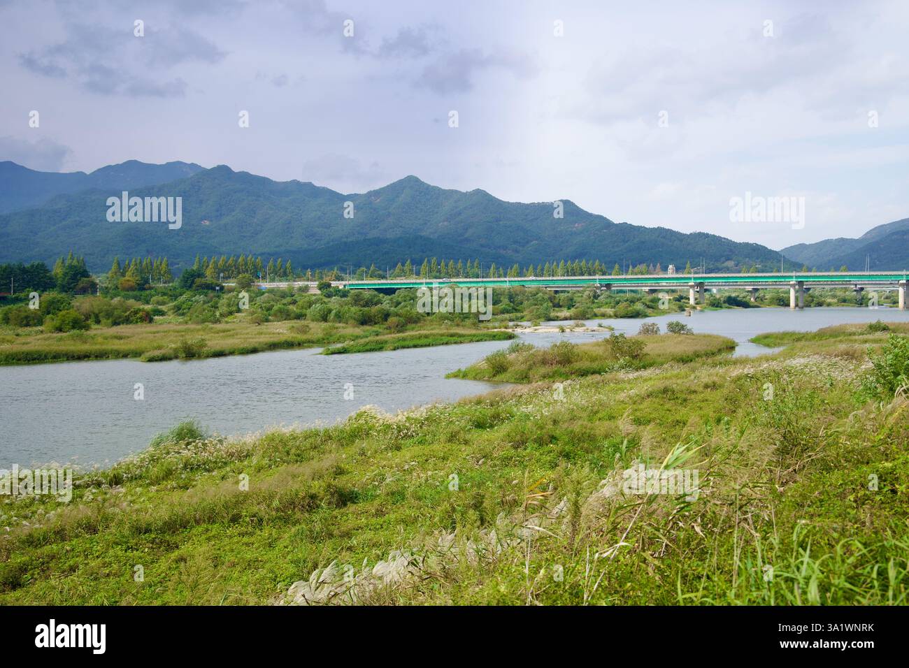 Namwon City, South Korea - October 3rd, 2021: The Seomjin River winds through lush wetlands ...
