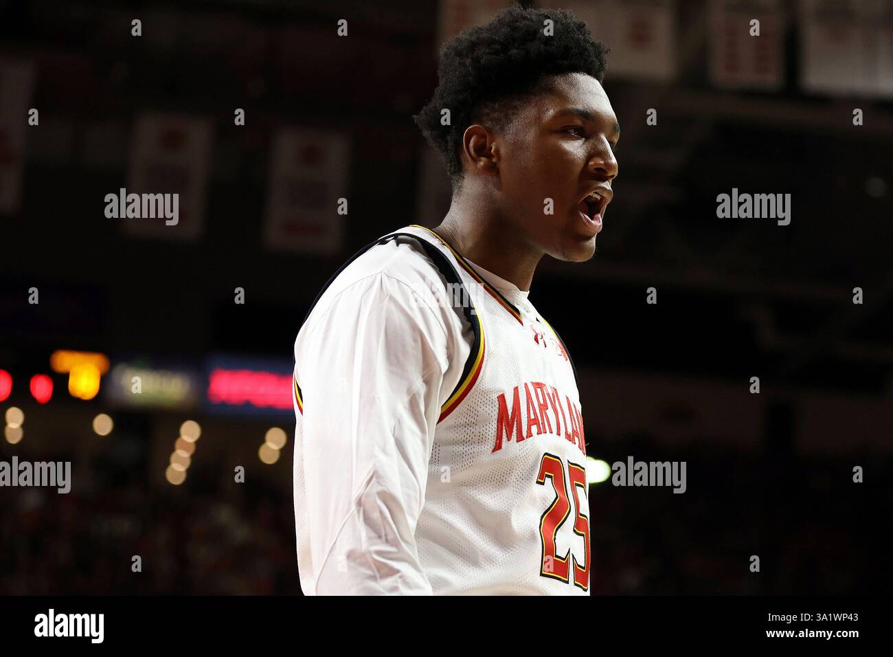 Maryland center Derik Queen (25) looks on during the second half of an ...