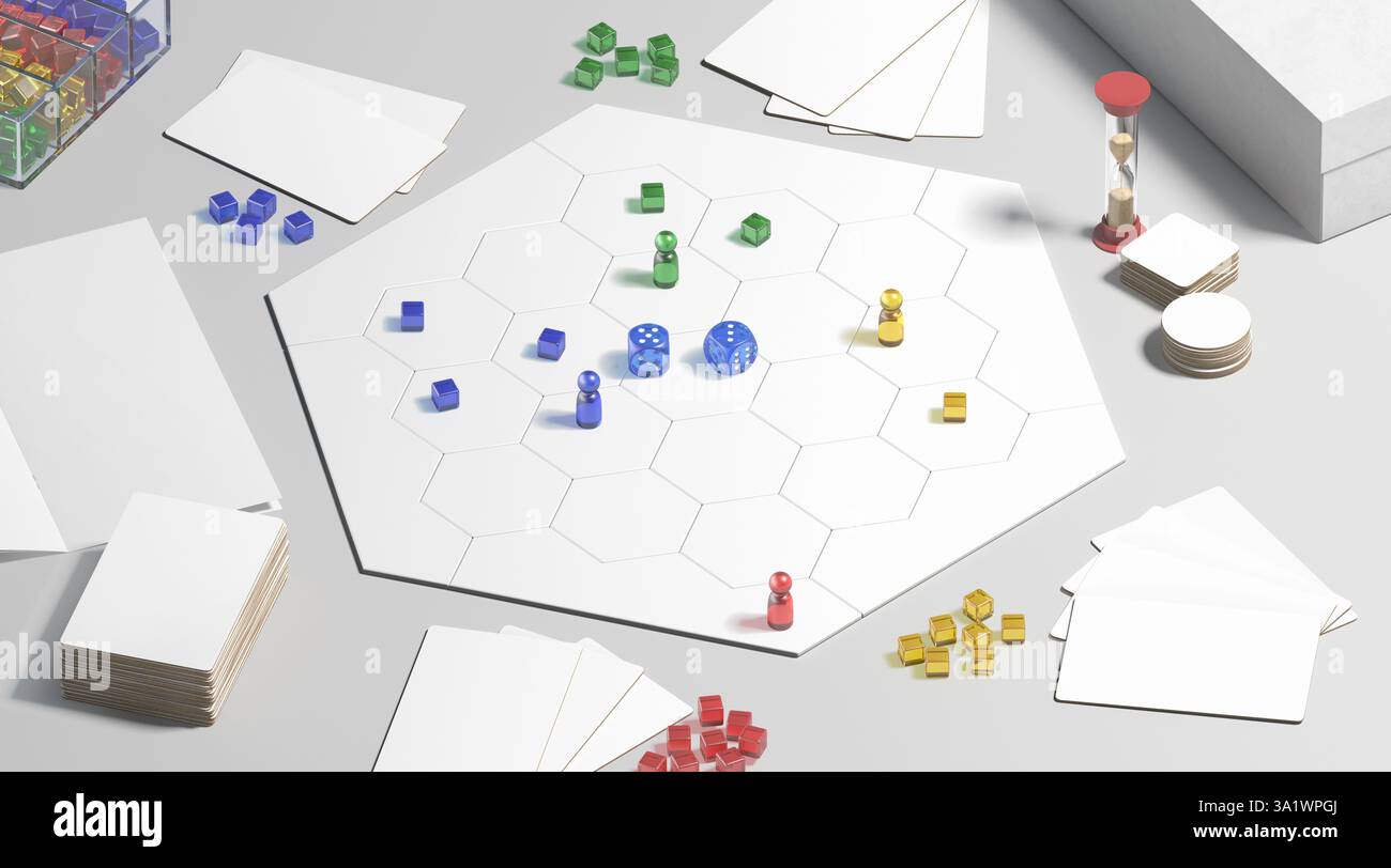 White board game field with chips, dice and cards mockup Stock Photo ...