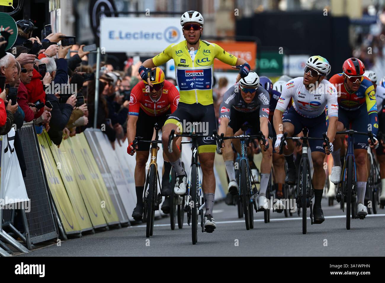 Belgian Tim Merlier of Soudal Quick-Step celebrates as he crosses the ...