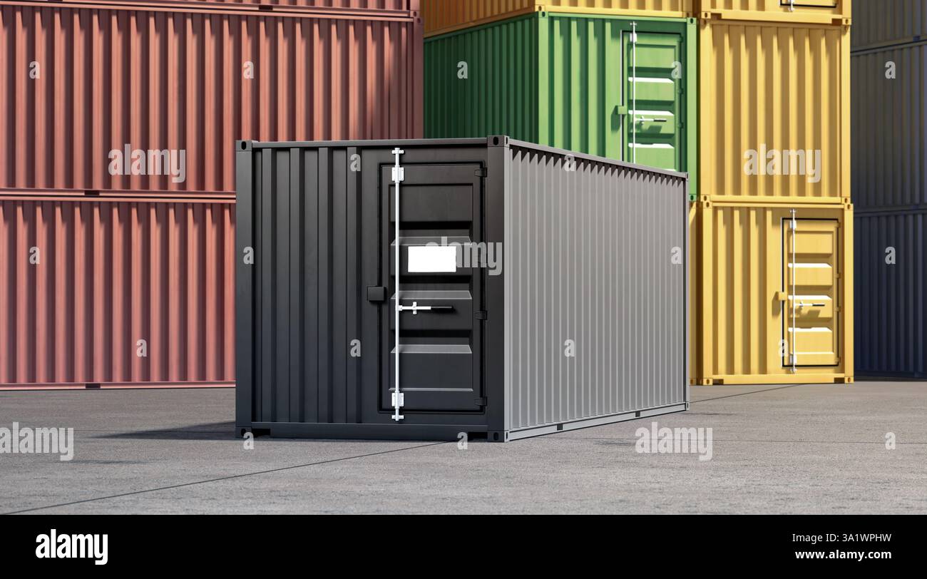 Black and colored steel cargo container standing in port mockup Stock ...
