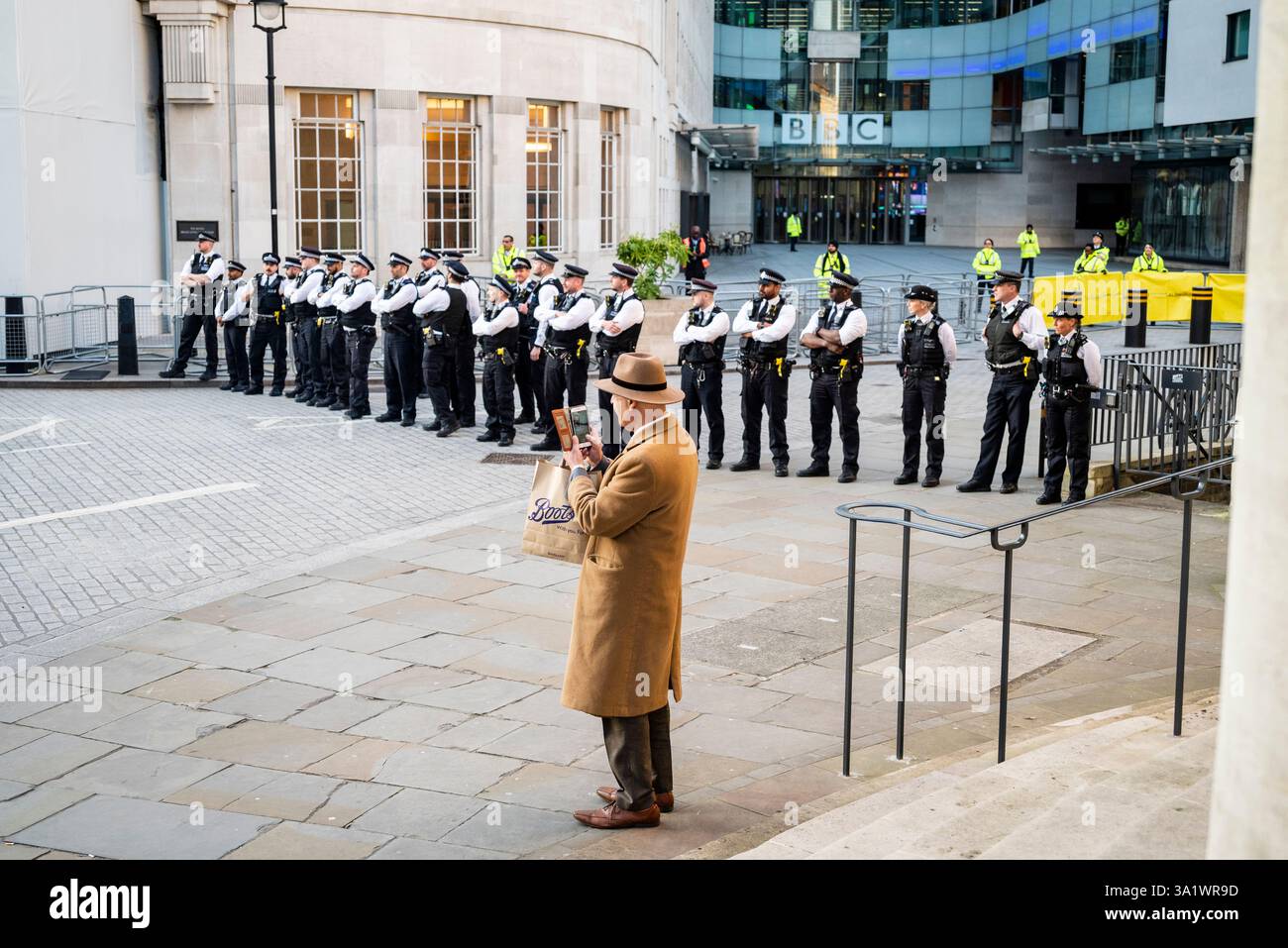 Metropolitan police guarding BBC headquarters in Portland Place ...