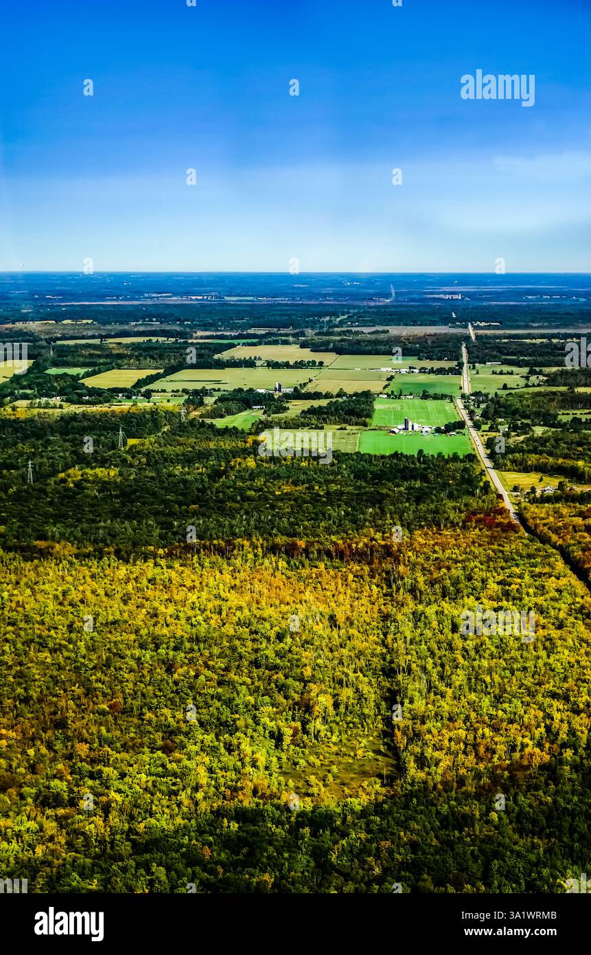 Aerial view of a Canadian forest and farmland with a road leading ...
