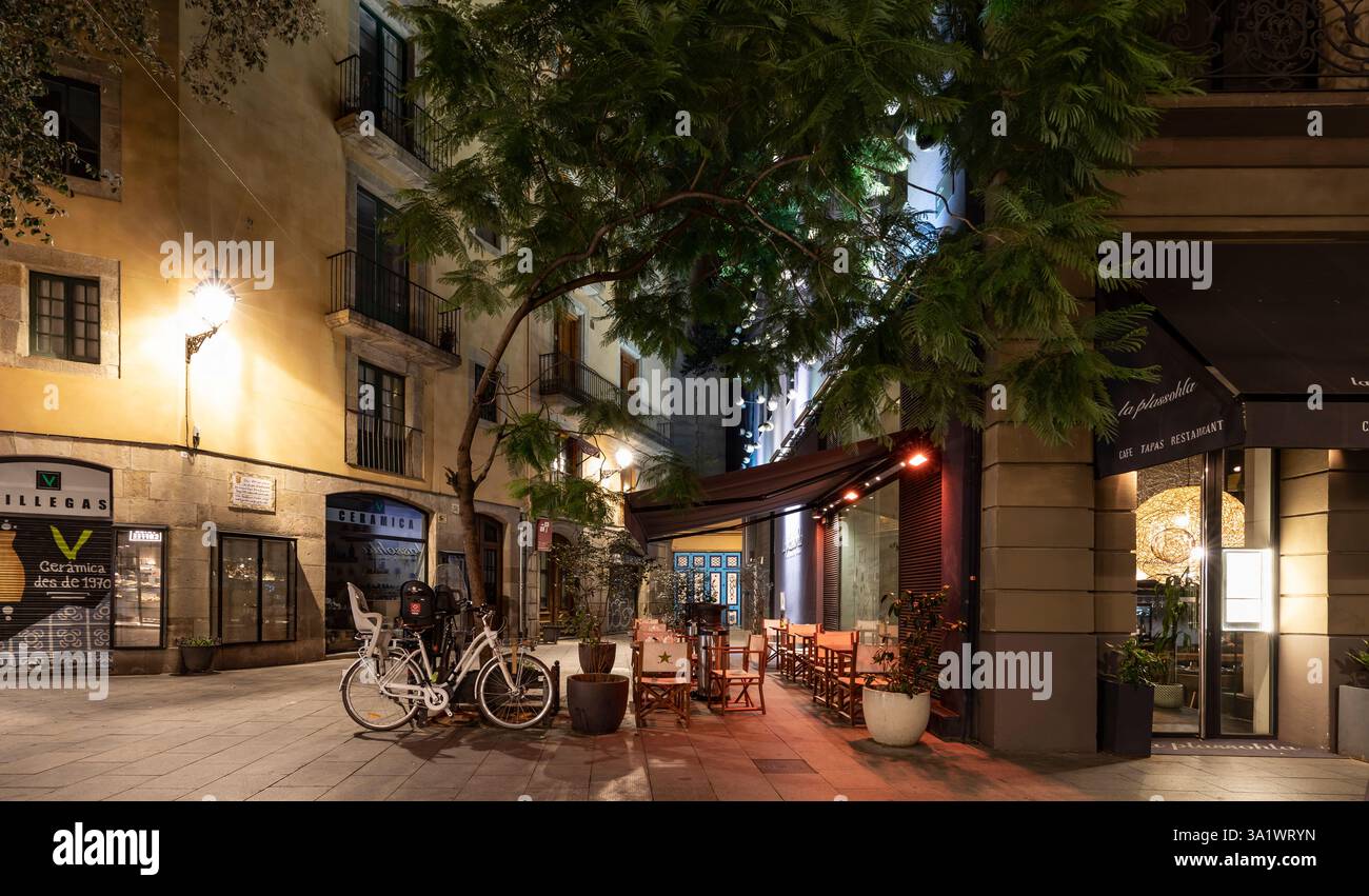 Elegant Mimosa tree and tapas bar in Barcelona Stock Photo - Alamy