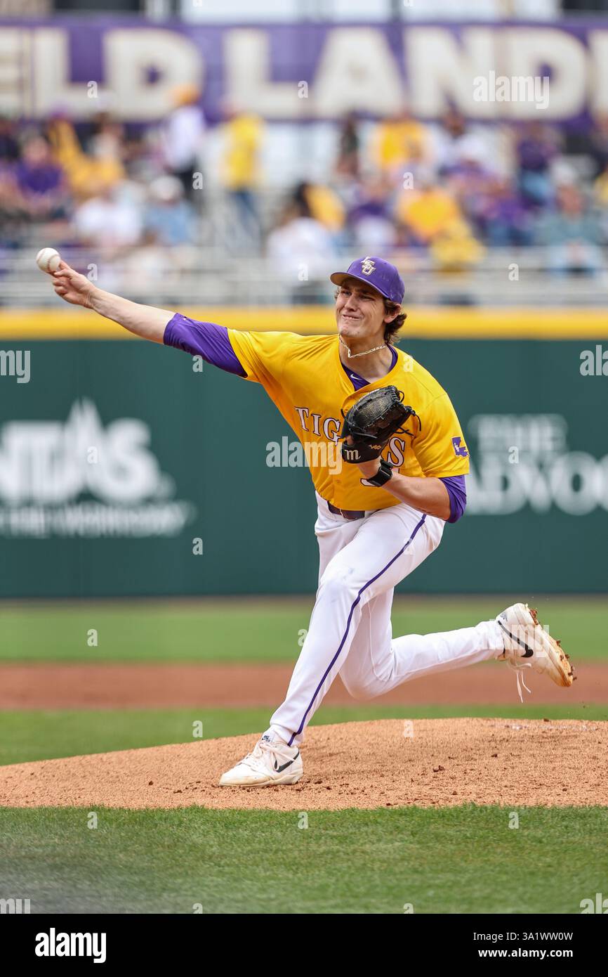 March 9, 2025: LSU starting pitcher Chase Shores (34) delivers a pitch ...