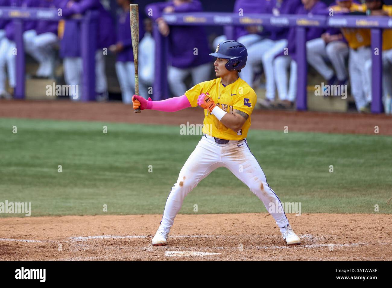 March 9, 2025: LSU's Steven Milam (4) gets ready for a pitch at the ...