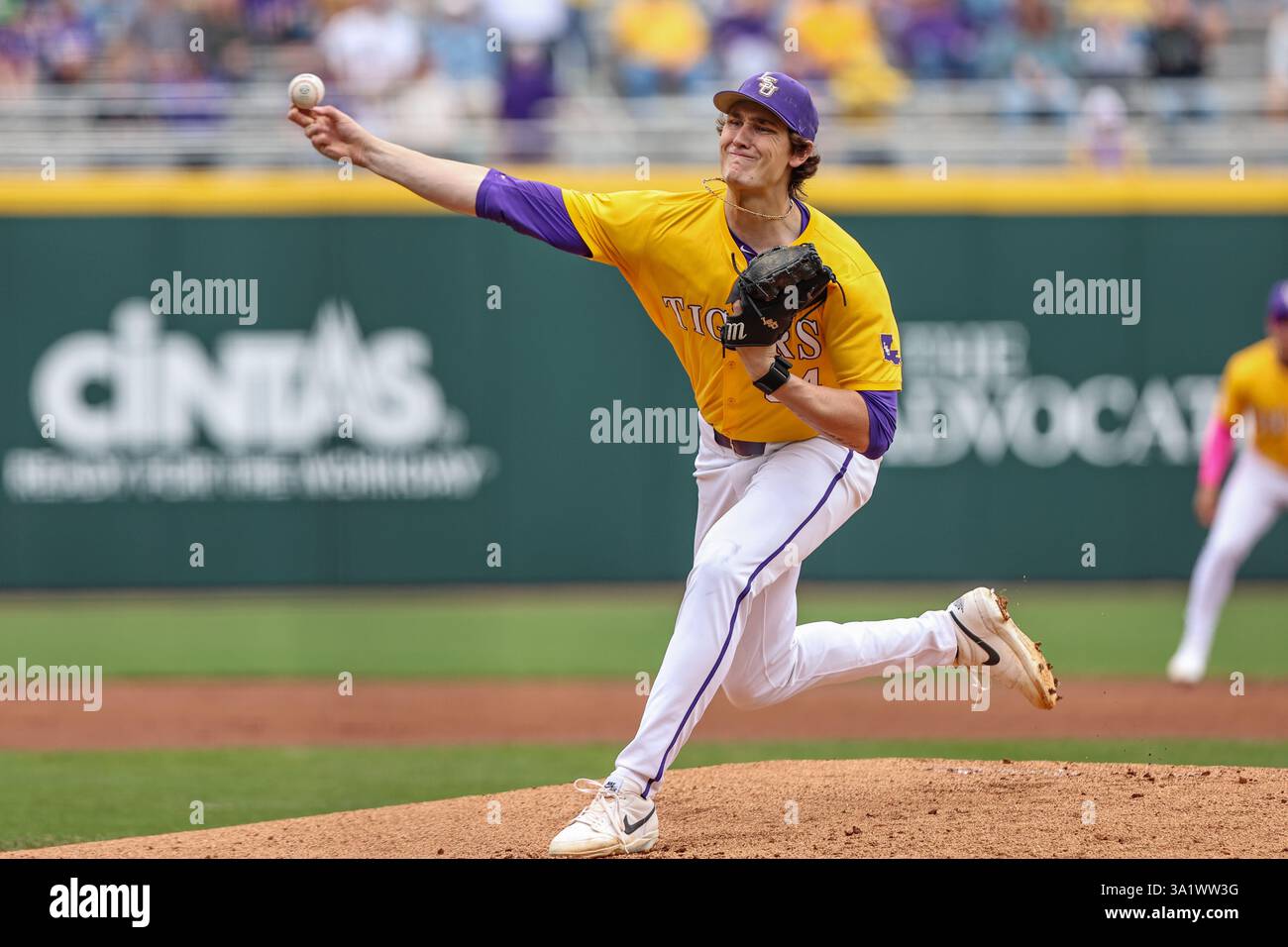 March 9, 2025: LSU starting pitcher Chase Shores (34) delivers a pitch ...