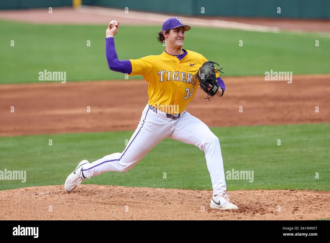March 9, 2025: LSU starting pitcher Chase Shores (34) delivers a pitch ...