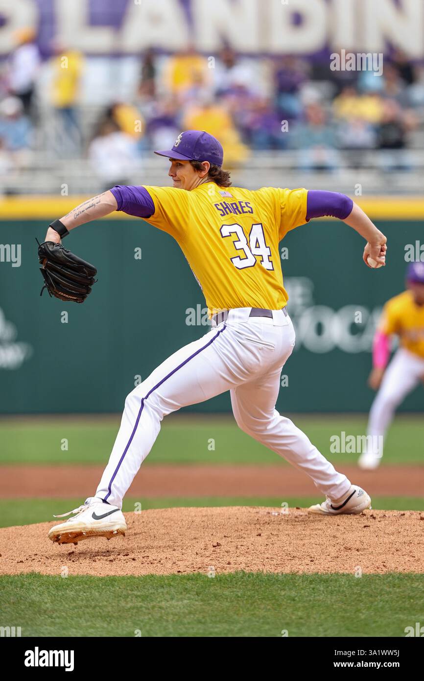 March 9, 2025: LSU starting pitcher Chase Shores (34) delivers a pitch ...