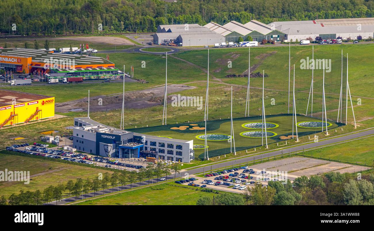 Aerial view, Topgolf Oberhausen course, large entertainment golf course ...