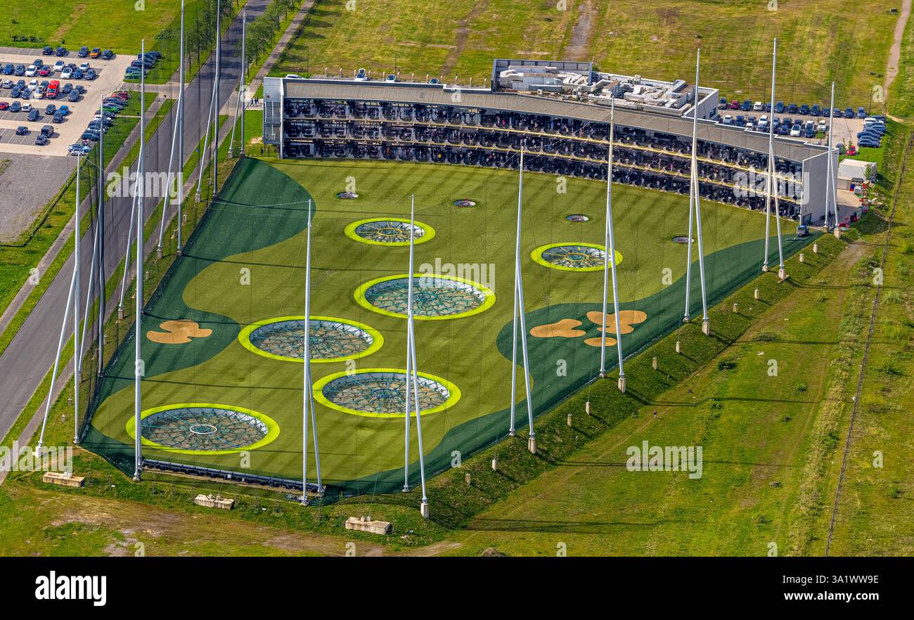 Aerial view, Topgolf Oberhausen course, large entertainment golf course ...