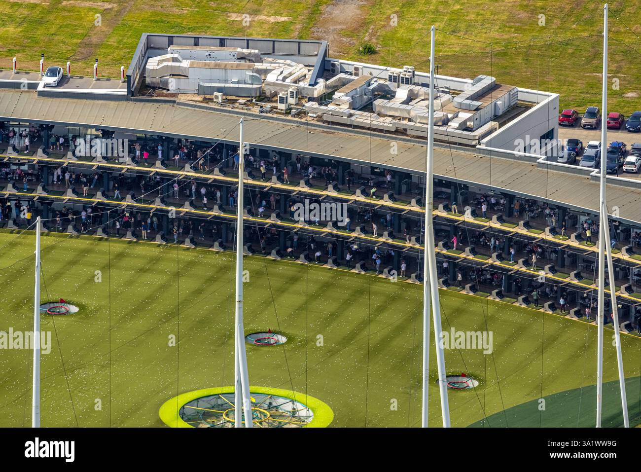 Aerial view, teeing grounds of the Topgolf Oberhausen course, large ...