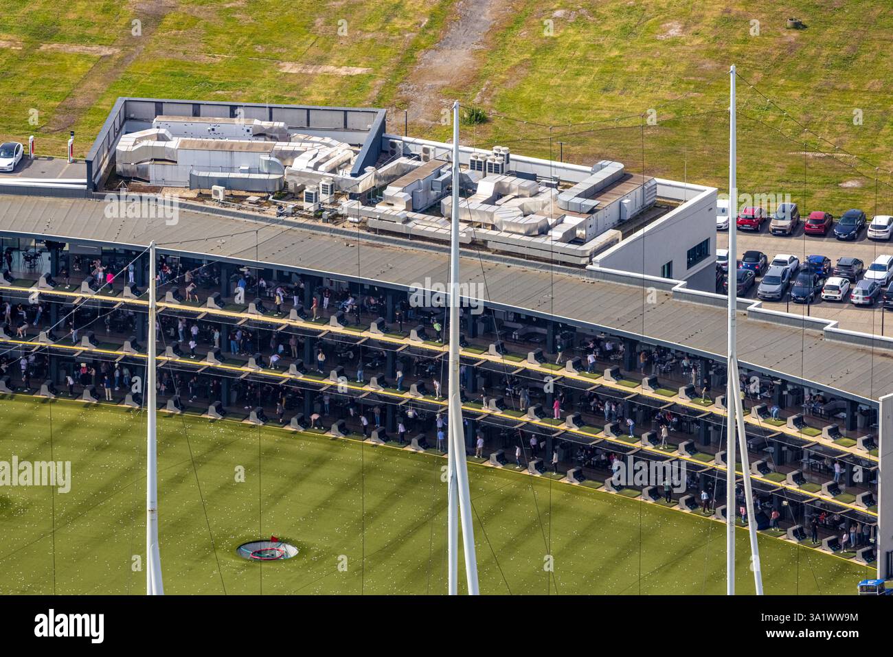 Aerial view, teeing grounds of the Topgolf Oberhausen course, large ...