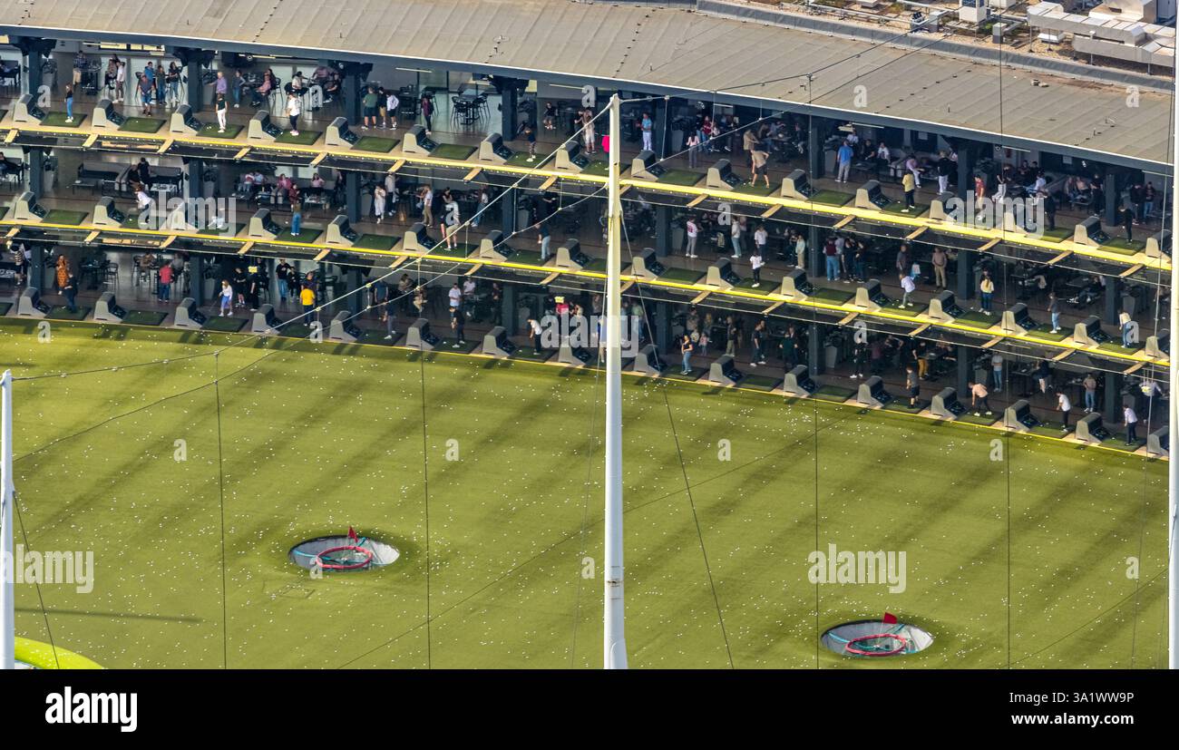 Aerial view, teeing grounds of the Topgolf Oberhausen course, large ...