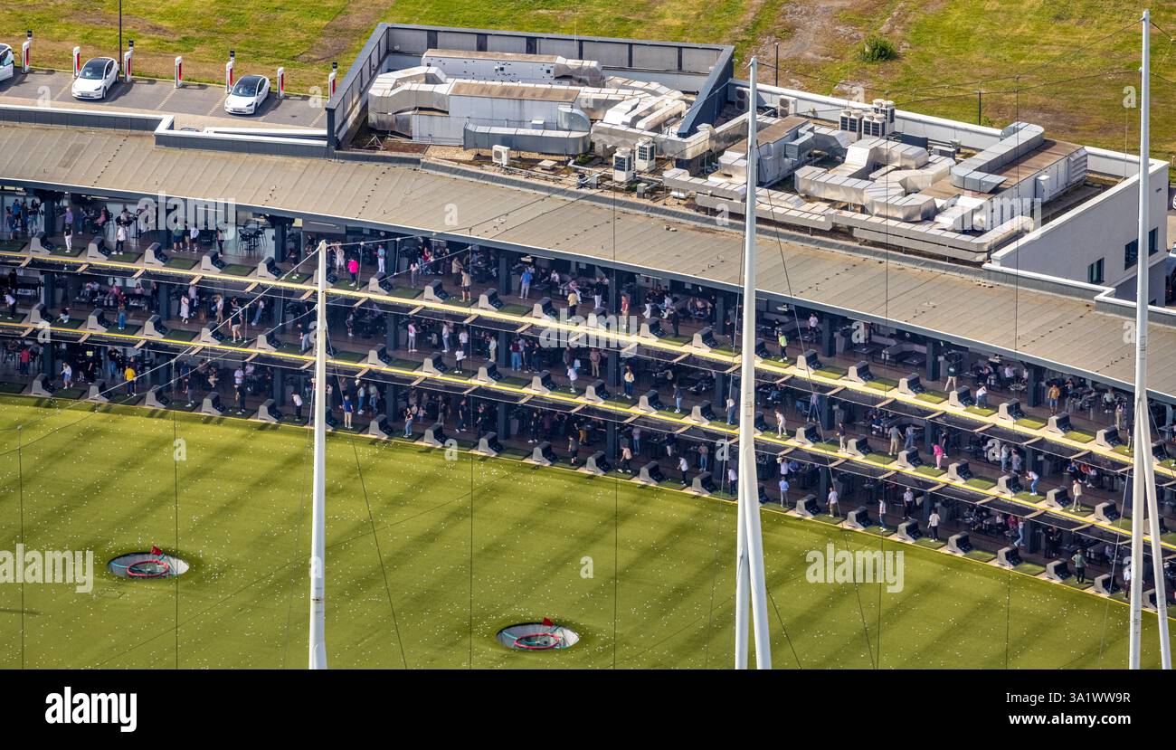 Aerial view, teeing grounds of the Topgolf Oberhausen course, large ...