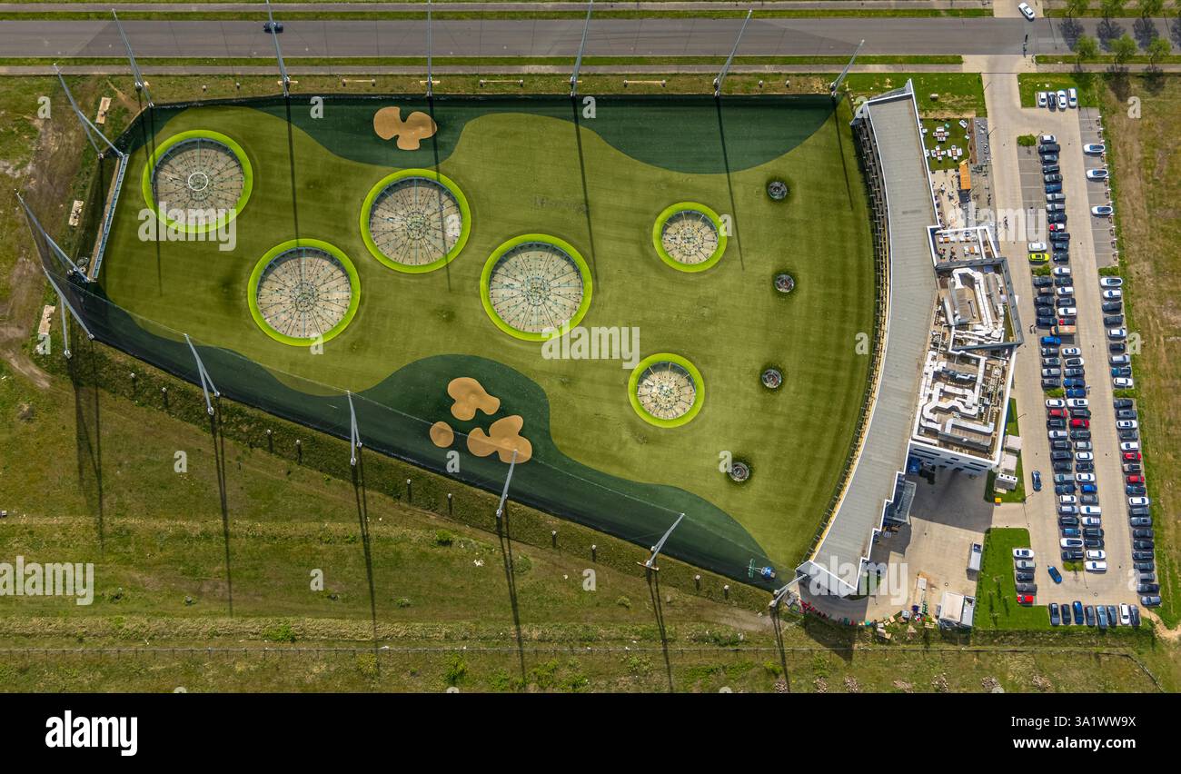 Aerial view, Topgolf Oberhausen course, large entertainment golf course ...