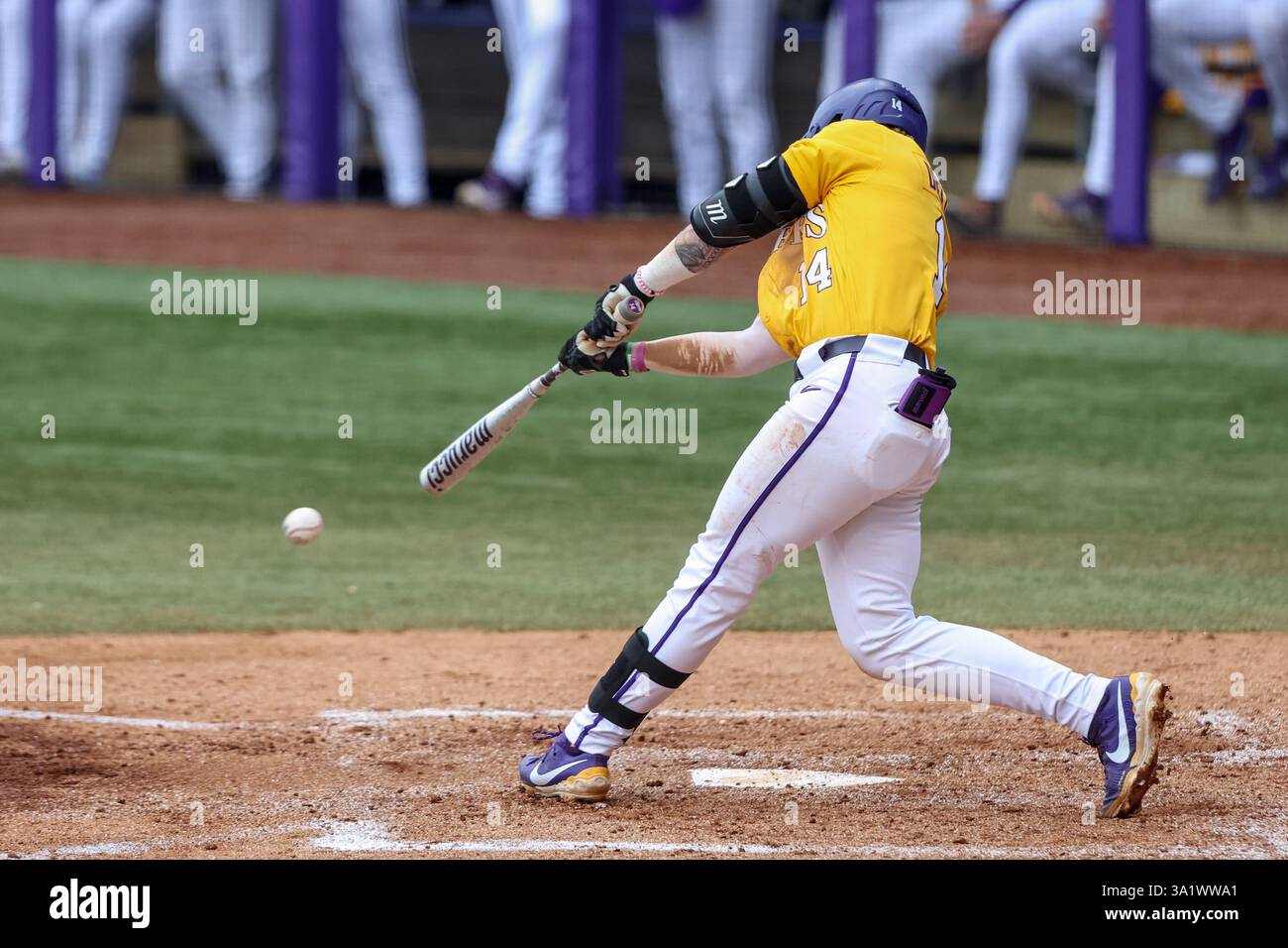 Baton Rouge, LA, USA. 9th Mar, 2025. LSU's Daniel Dickinson (14) tries for a base hit during ...