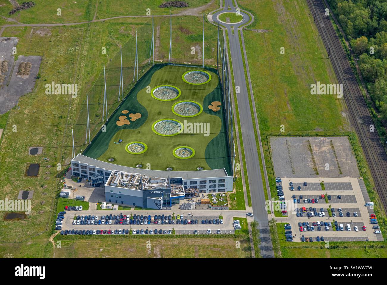 Aerial view, Topgolf Oberhausen course, large entertainment golf course ...