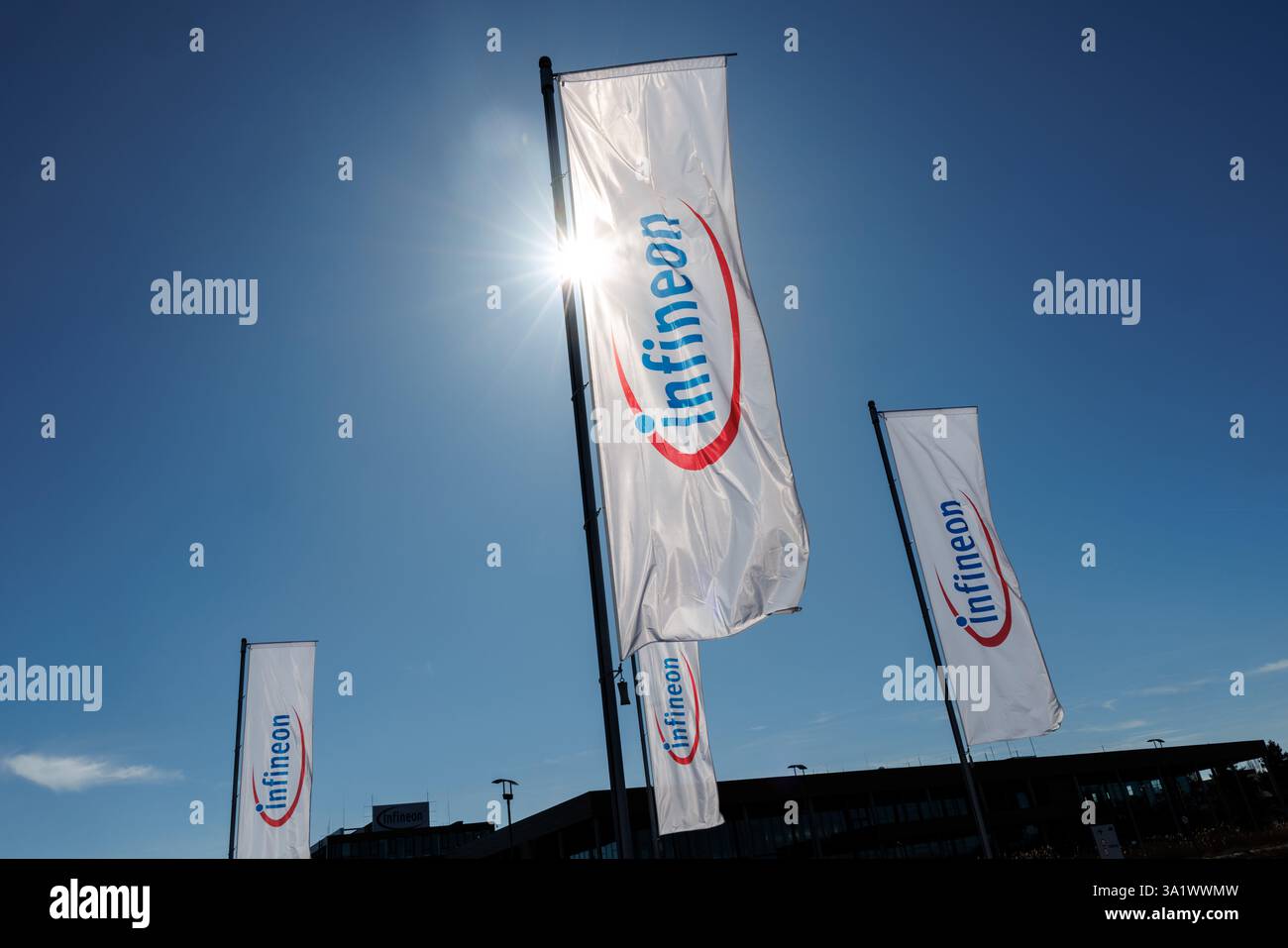 09 March 2025, Bavaria, Neubiberg: The Infineon lettering and logo can ...