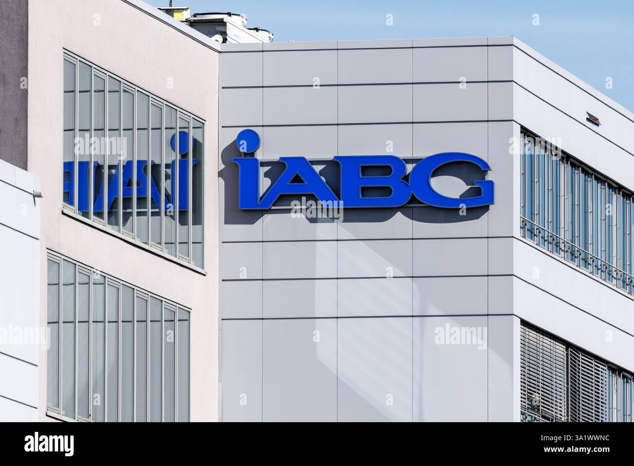 09 March 2025, Bavaria, Taufkirchen: The lettering and logo of IABG ...