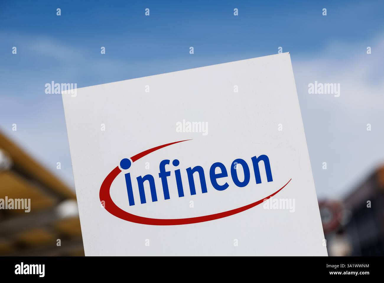 09 March 2025, Bavaria, Neubiberg: The Infineon lettering and logo can ...