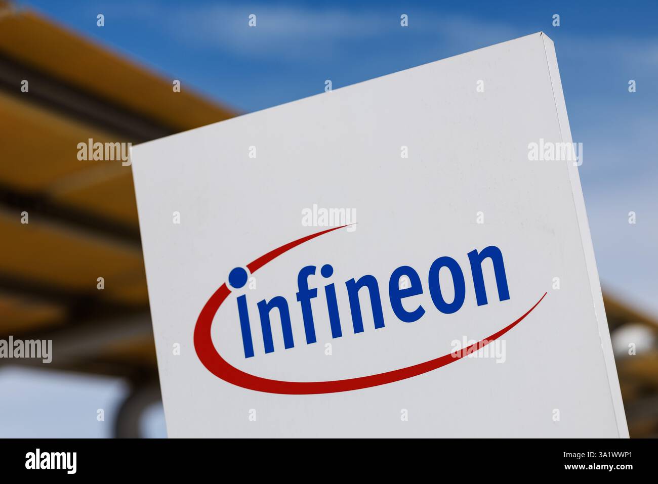 09 March 2025, Bavaria, Neubiberg: The Infineon lettering and logo can ...
